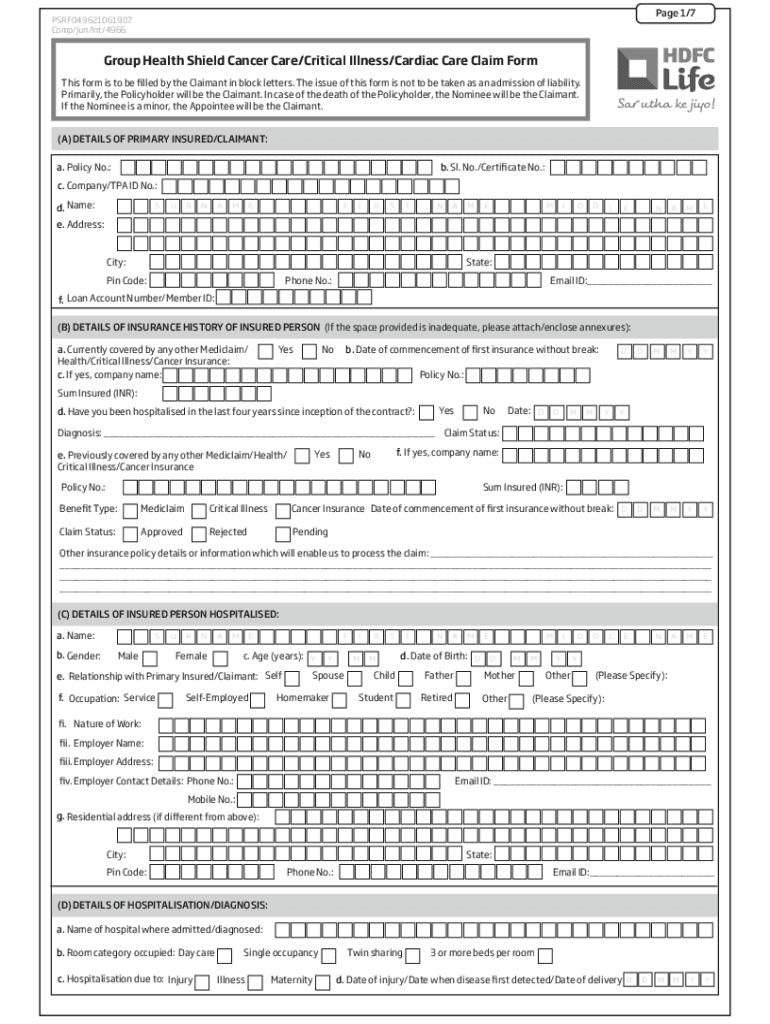 Fillable Online Group Health Shield Cancer Care , Critical Illness and ...