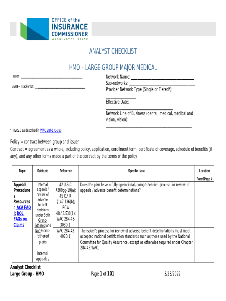 2022 HMO Large Group Checklist. Checklist for Large Group Major Medical Carriers Doc Template ...