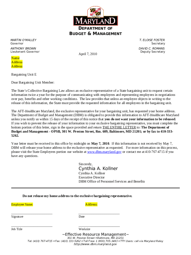 Collective Bargaining Agreement - Columbia Human Resources - dbm maryland Doc Template | pdfFiller