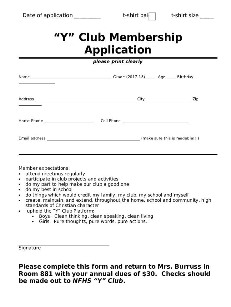 Y Club Membership Application Doc Template | pdfFiller