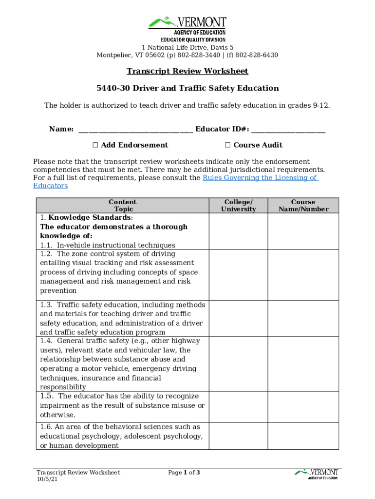 Transcript Review Worksheet - Driver and Traffic Safety ... - education ...