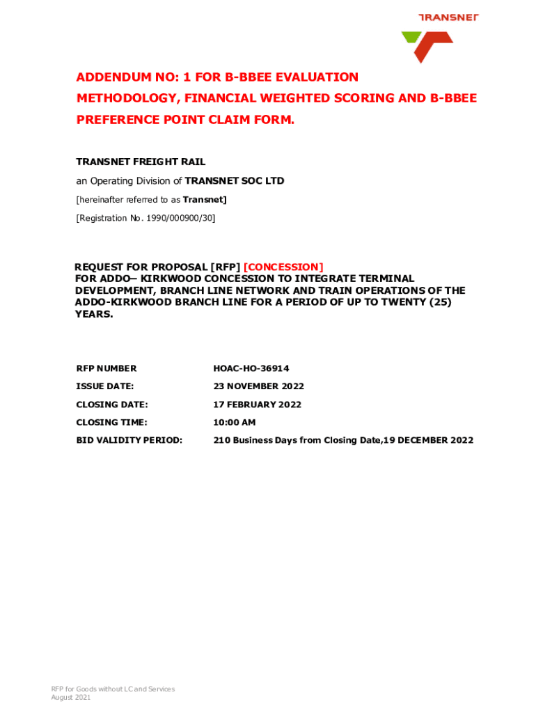 Fillable Online ADDENDUM NO: 1 FOR B-BBEE EVALUATION ... Fax Email ...