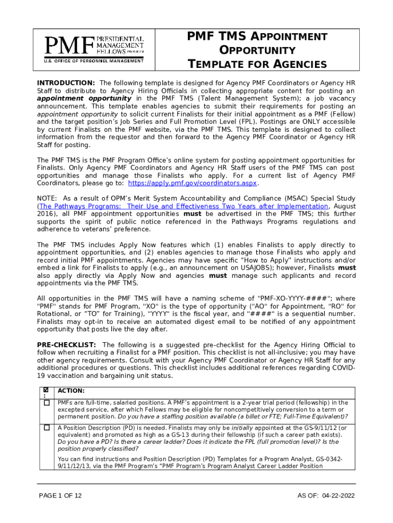 PMF TMS Training Opportunity Template for Agencies Doc Template | pdfFiller