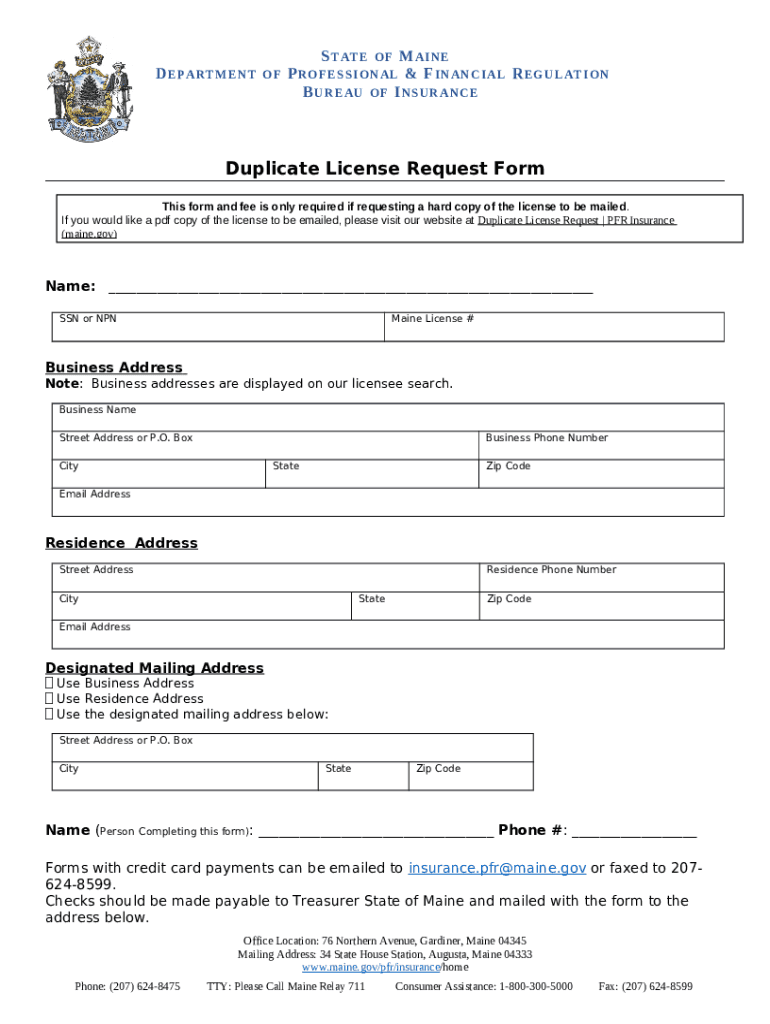 Duplicate License Request - Maine.gov Doc Template | pdfFiller