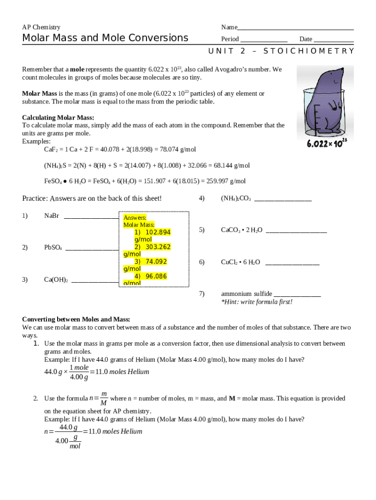 Moles and Molar Mass - AP Chemistry - Varsity Tutors Doc Template ...
