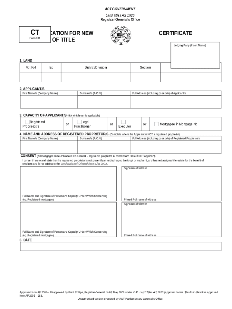 APPLICATION FOR NEW CERTIFICATE OF TITLE ... Doc Template | pdfFiller
