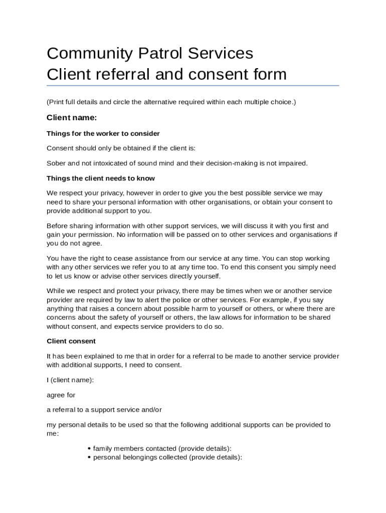 Community Patrol Services Client referral and consent Doc Template ...