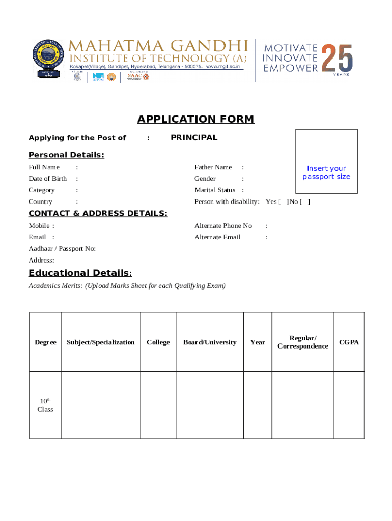 Application for the Post of Principal - mgit ac Doc Template | pdfFiller