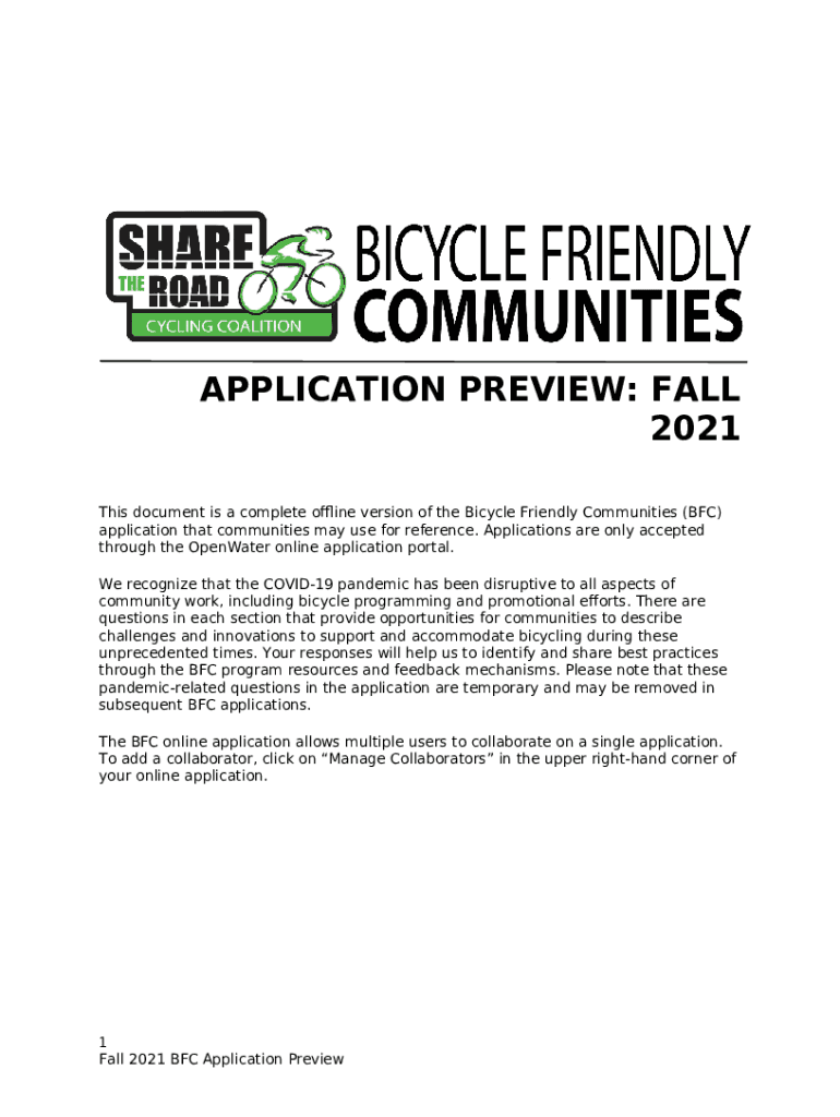 Bicycle Friendly Community APPLICATION PREVIEW Doc Template | pdfFiller