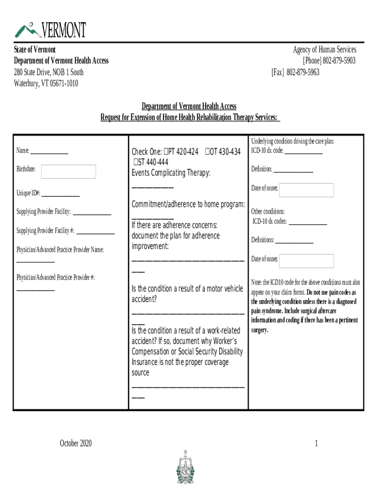 Therapy Extension , PTOTST, Adult and Pediatric Services - dvha vermont Doc Template | pdfFiller