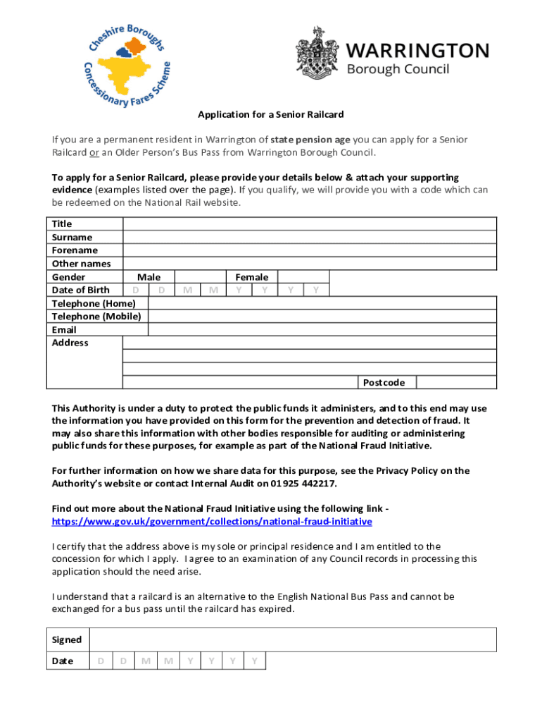 Fillable Online Cheshire Districts Concessionary Fares Scheme, Older ...