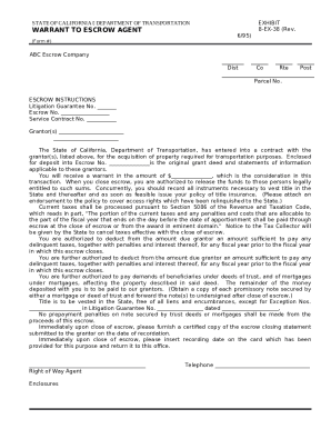 WARRANT TO ESCROW AGENT - dot ca Doc Template | pdfFiller