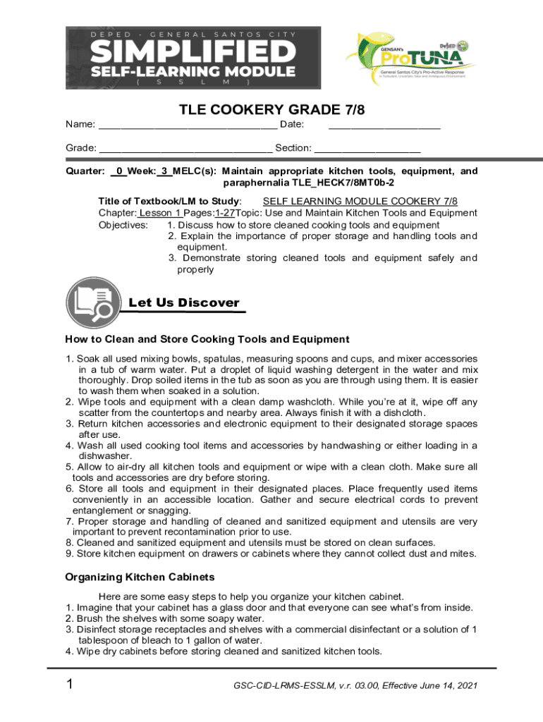 Fillable Online TLE HE (Cookery) Kitchen Tools Equipment and Paraphernalia Fax Email Print ...
