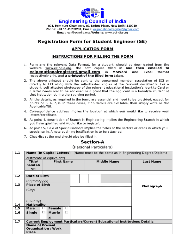 Registration for Student Engineer (SE) Doc Template | pdfFiller