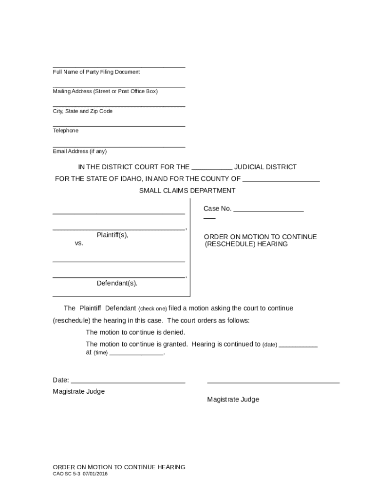 ORDER ON MOTION TO CONTINUE - courtselfhelp idaho Doc Template | pdfFiller