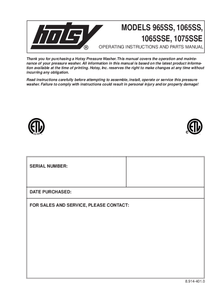Fillable Online Hotsy 1065SS Operating Instructions And Parts Manual ...