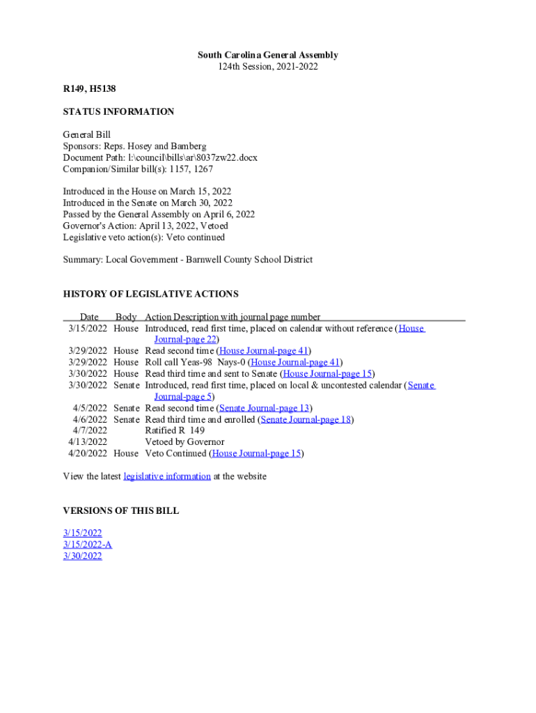 The General Assembly of South Carolina 124th session list of ... Doc Template | pdfFiller