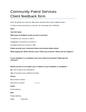 Community Patrol Services client feedback Doc Template | pdfFiller