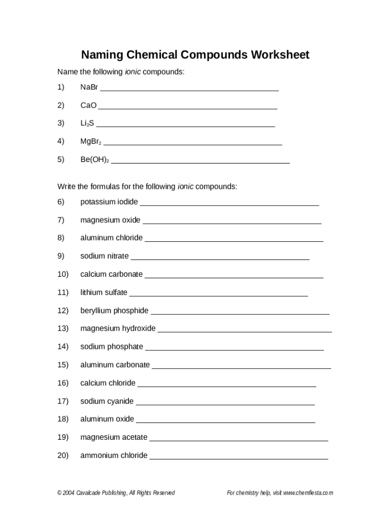 7.16.1. - Naming Chemical Compounds Worksheet Doc Template | pdfFiller