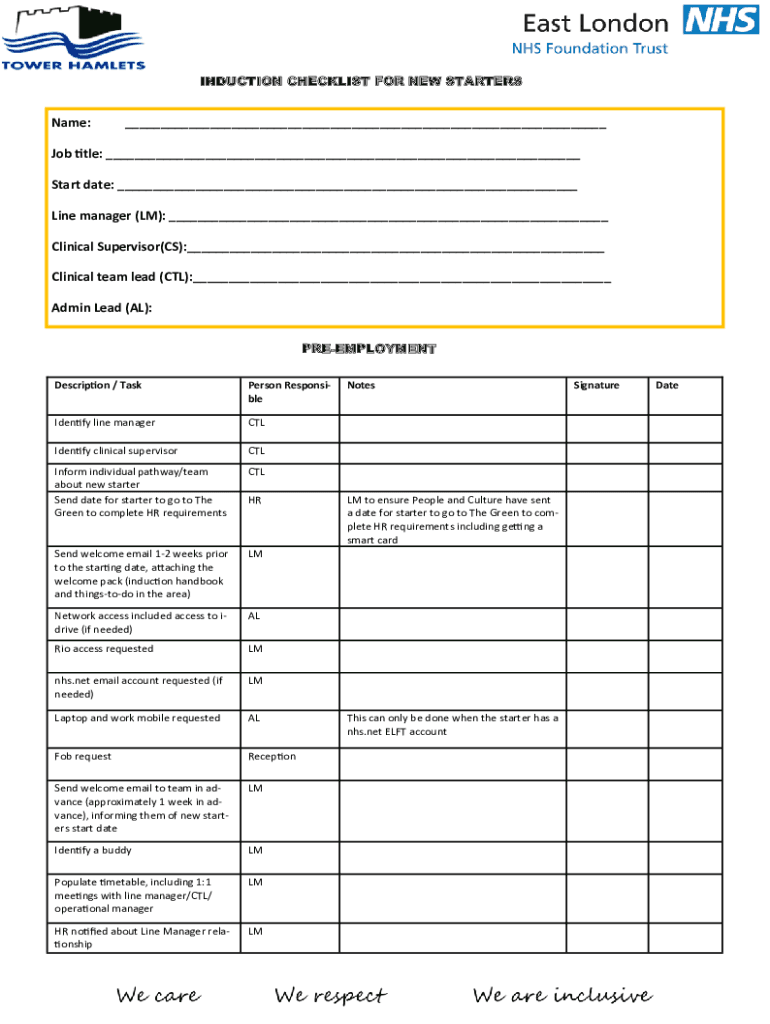 Fillable Online Staff Induction Checklist (for new Managers) Fax Email Print - pdfFiller
