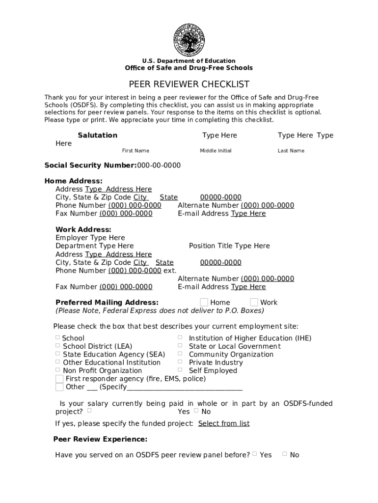 SDFSP PEER REVIEWER QUALIFICATIONS STATEMENT. Checklist - www2 ed Doc ...