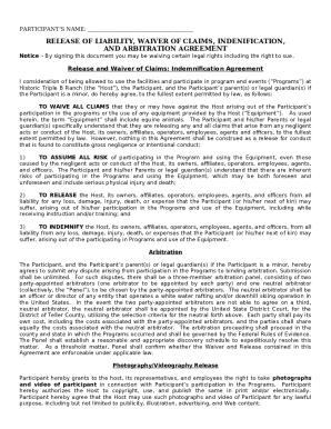 release of liability, waiver of claims, indemnification Doc Template | pdfFiller