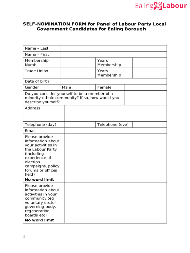 SELF-NOMINATION for Panel of Labour Party Local ... Doc Template | pdfFiller