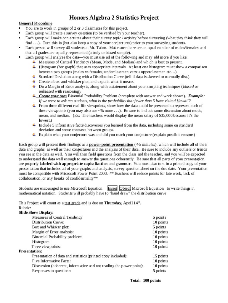 Honors Algebra 2 Statistics Project - Course Hero Doc Template | pdfFiller