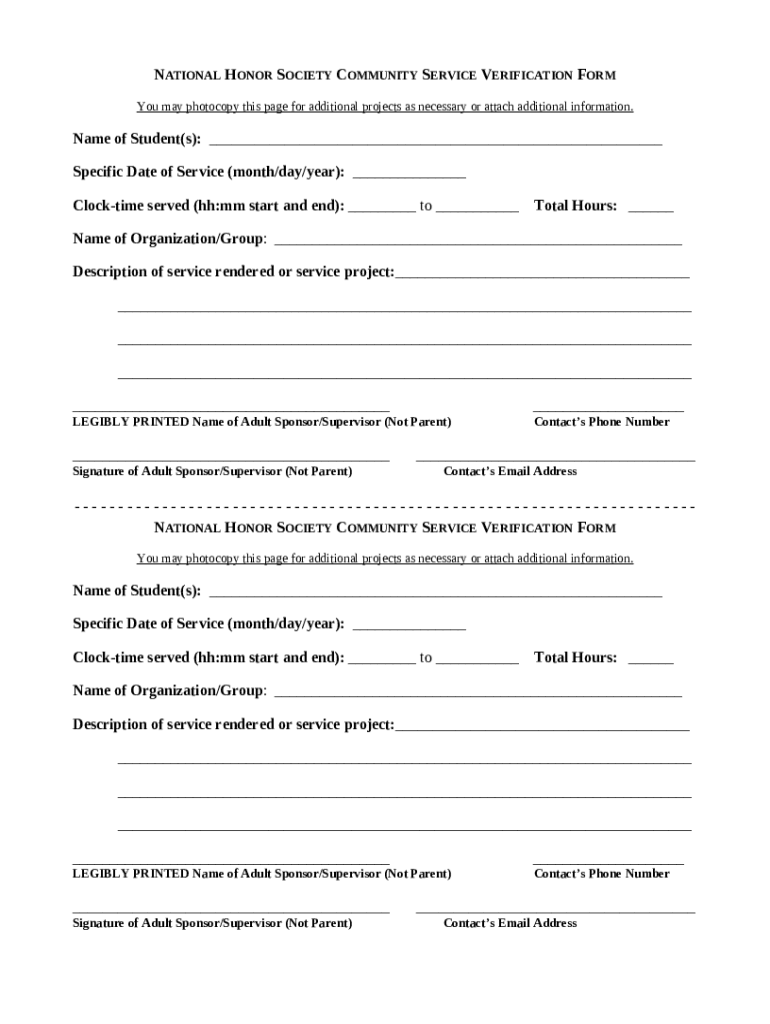 National Honor Society Community Service Verification (for printing ...