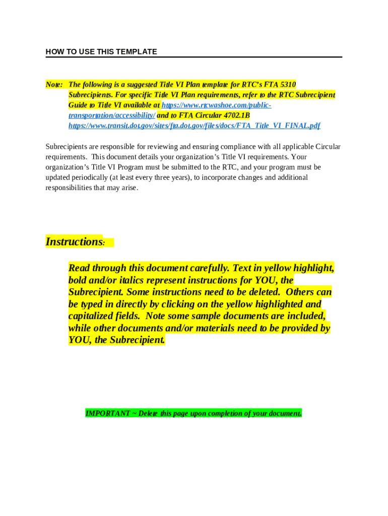 TITLE VI SUBRECIPIENT PLAN TEMPLATE Doc Template | pdfFiller