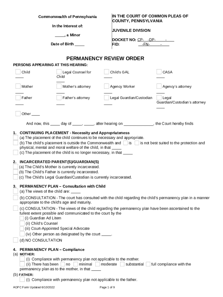 Permanency Review Order Doc Template | pdfFiller