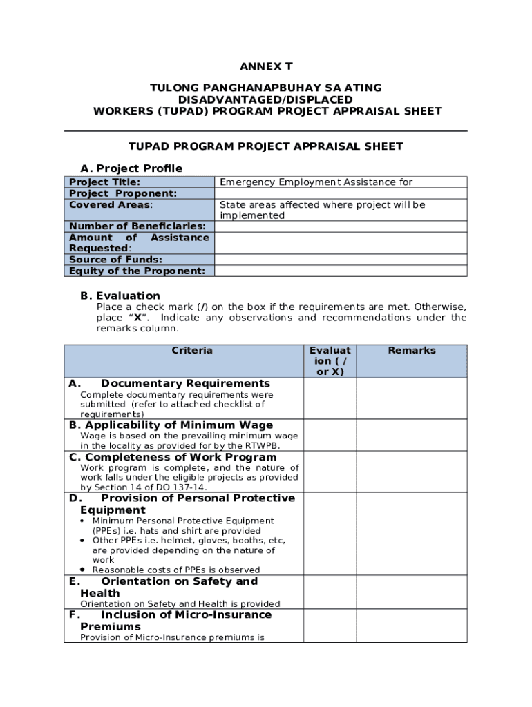 ANNEX TTUPAD Project Appraisal Sheet - DOLE 9 Doc Template | pdfFiller