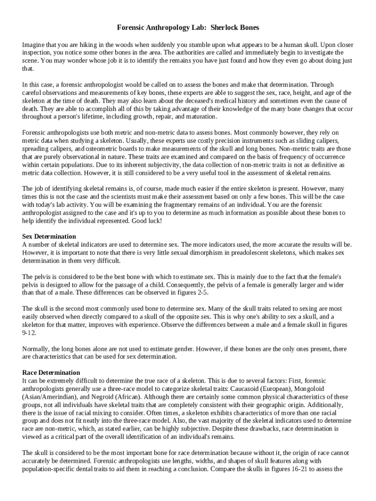 Sherlock Bones: Identification of Skeletal Remains Lab Activity Doc ...