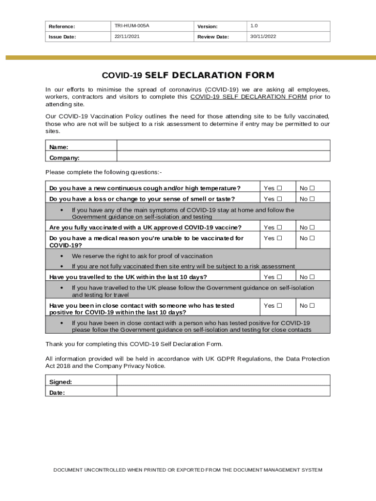 TRI-HUM-005A COVID-19 Self Declaration Doc Template | pdfFiller