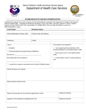 PASRR Request for Reconsideration - DHCS - CA.gov Doc Template | pdfFiller
