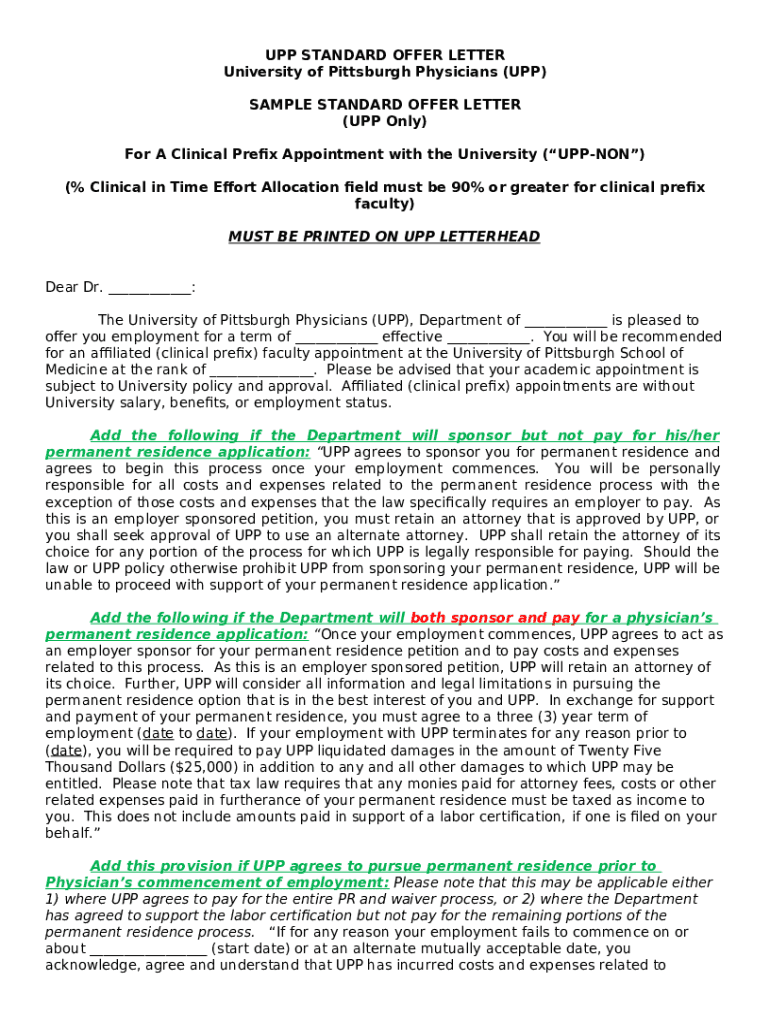 UPP STANDARD OFFER LETTER - Office of Faculty Affairs Doc Template ...