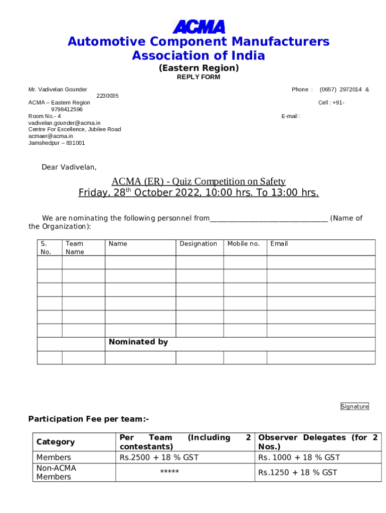 Nomination of POKA YOKE Team - ACMA Doc Template | pdfFiller