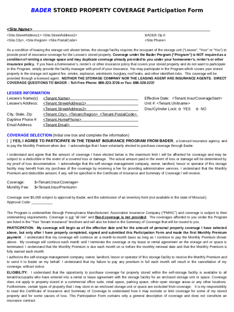 Bader Stored Property Coverage Participation Doc Template | pdfFiller