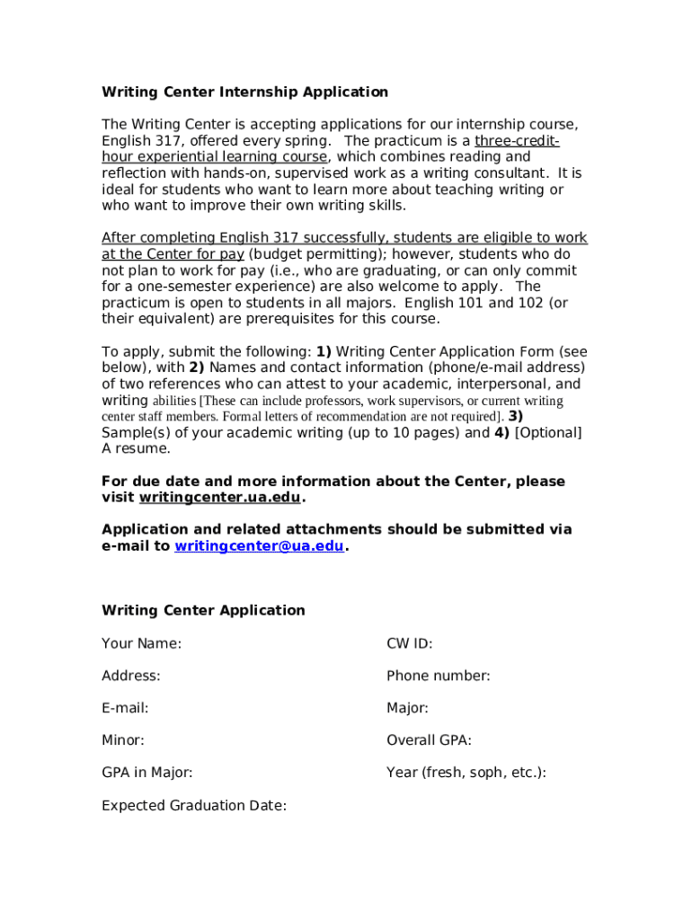 Writing Center Internship (ENGL388W)Department of English Doc Template ...
