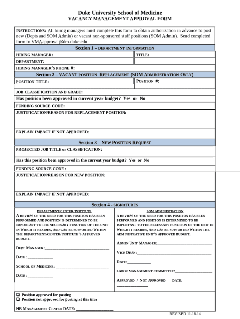 VACANCY MANAGEMENT APPROVAL - Duke University - hr duke Doc Template ...