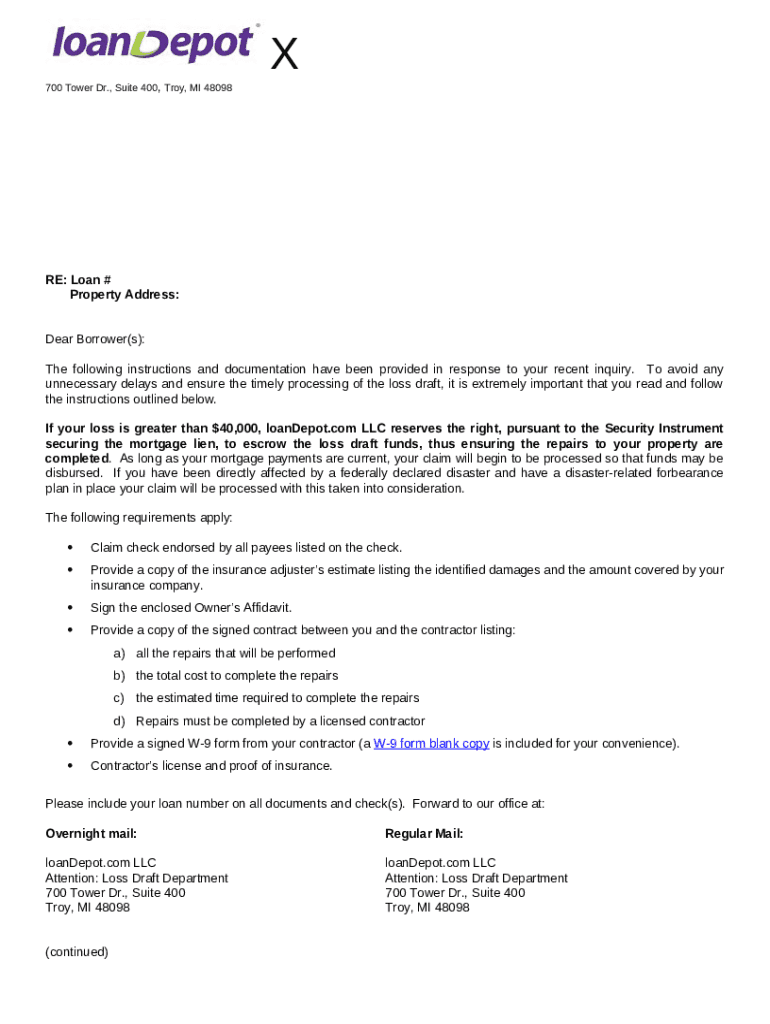loanDepot.com LLC Loss Draft Claim Doc Template | pdfFiller