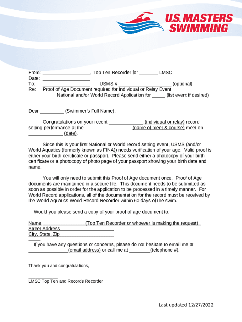Letter to request proof of age - U.S. Masters Swimming Doc Template ...