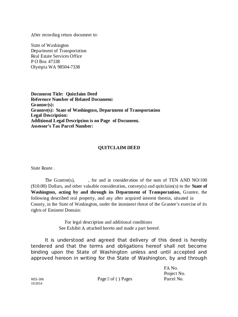 RES 306 Quitclaim Deed - Seattle City Clerk's Office - wsdot wa Doc Template | pdfFiller
