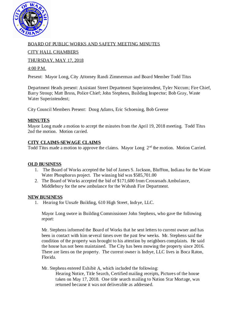 NOTICE OF BOARD OF PUBLIC WORKS AND SAFETY ... Doc Template | pdfFiller