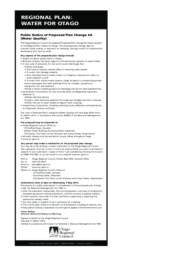 Fillable Online Public Notice of Proposed Plan Change 6A (Water Quality ...