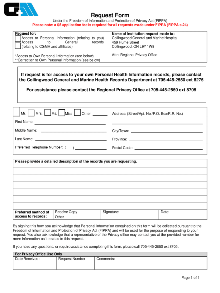 Fillable Online Request Form - Collingwood General & Marine Hospital ...