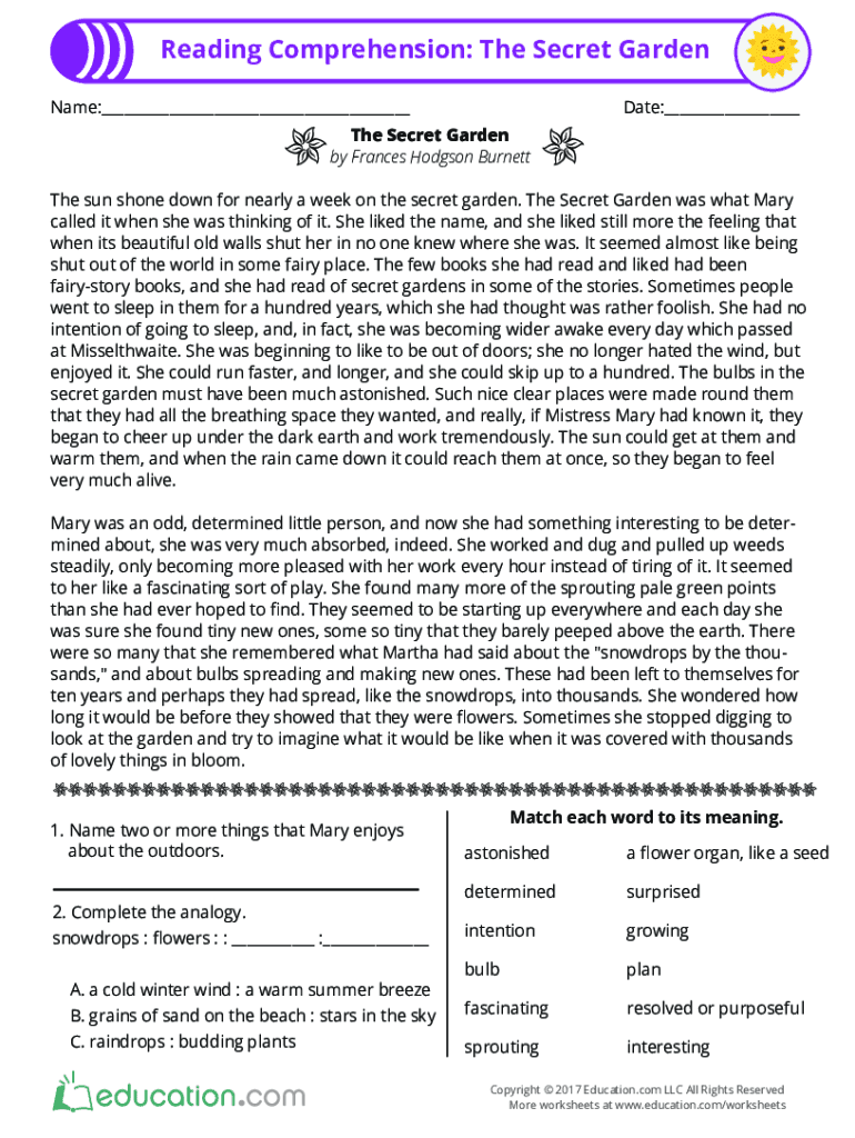Fillable Online Reading Comprehension The Secret Garden Fax Email Print - pdfFiller