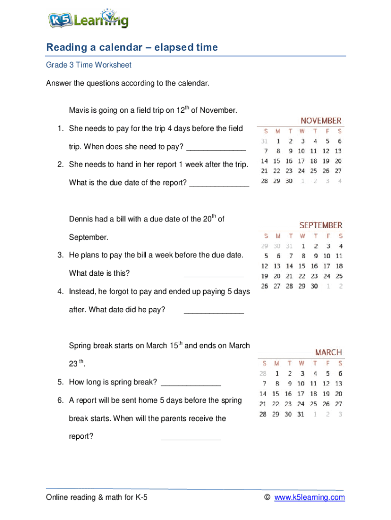 Fillable Online Grade 3 Calendar Worksheet - Elapsed time. Grade 3Time ...
