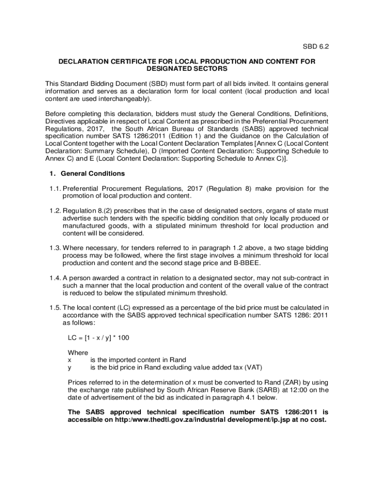 Fillable Online SBD 6.2: Declaration Certificate for local production ...