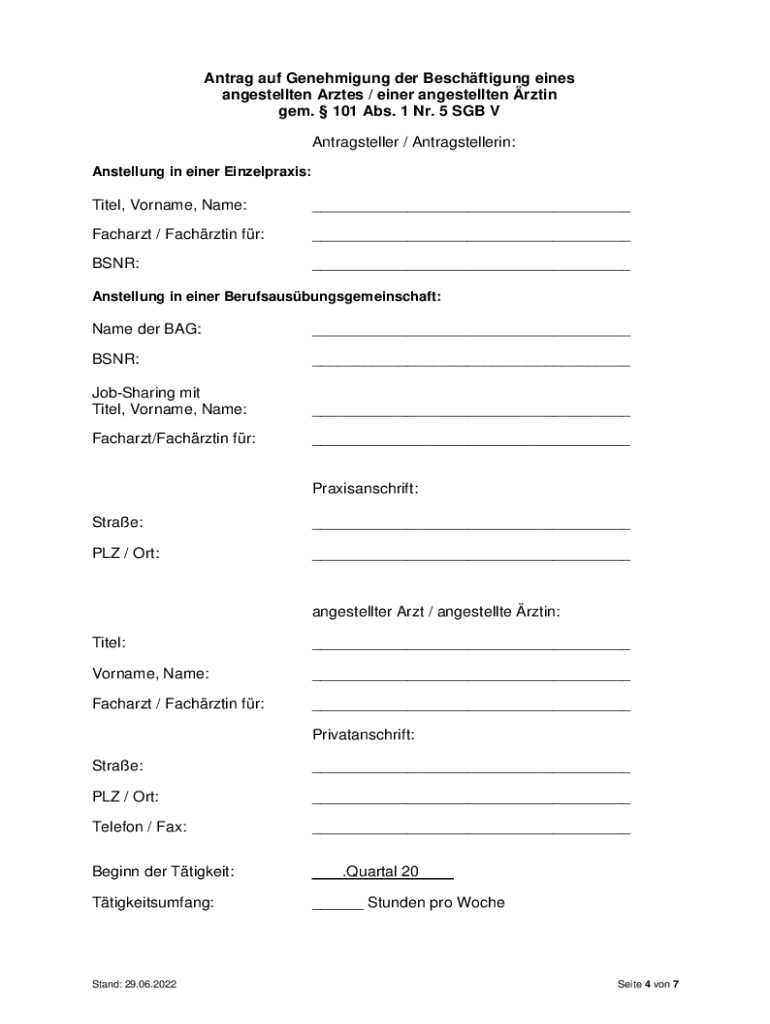 Fillable Online Antrag auf Beschftigung eines angestellten Arztes ...